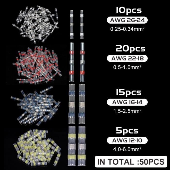 COSSE ELECTRIQUE,50 pcs mix-50pcs--Kit de connecteurs de fil de soudure à bout thermorétractable ...