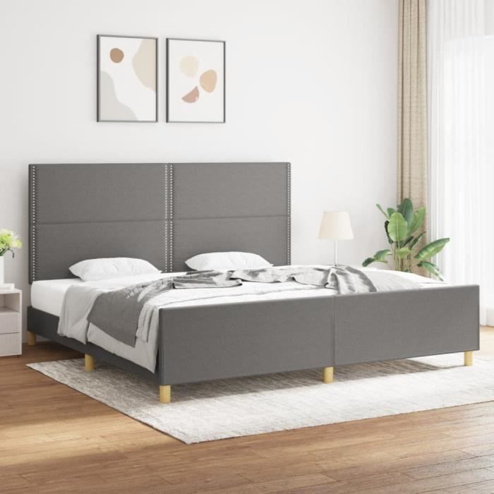 Cadre de lit - AKOZON - 200x200 cm - Gris foncé - Bois massif - Style ...