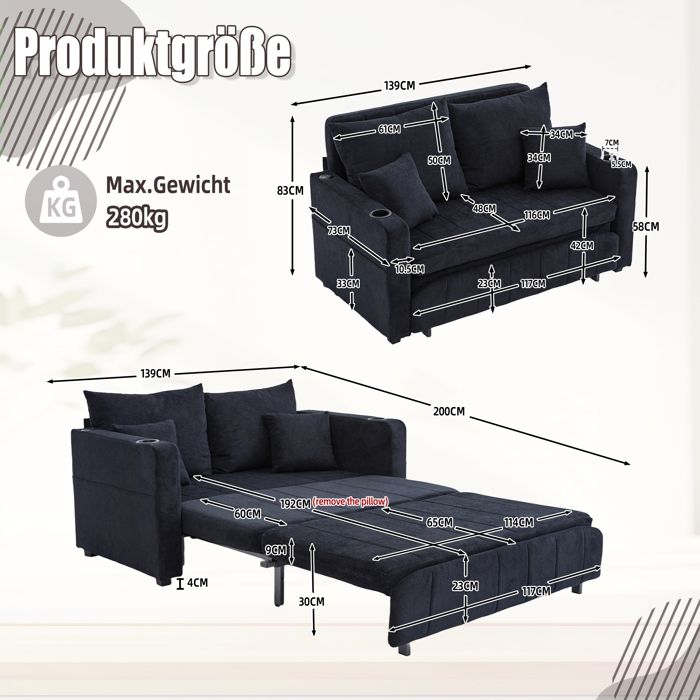 Canapé droit convertible 2 places,Canapé pliable moderne avec porte ...