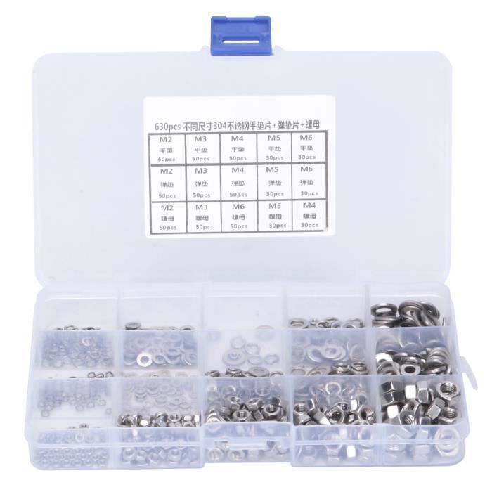 AKO-7334123472479Rondelle plate en acier inoxydable 630 pièces + joint à ressort + écrou M2 M3 ...