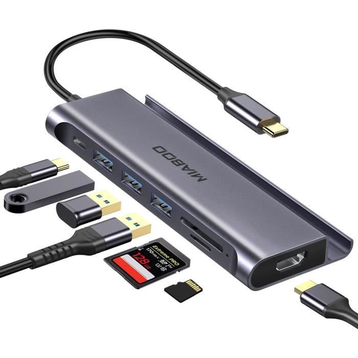 Hub USB C , 7 en 1 Adaptateur USB C Adaptateur Multiport Type C avec HDMI 4K, Port USB 3.0, Port ...