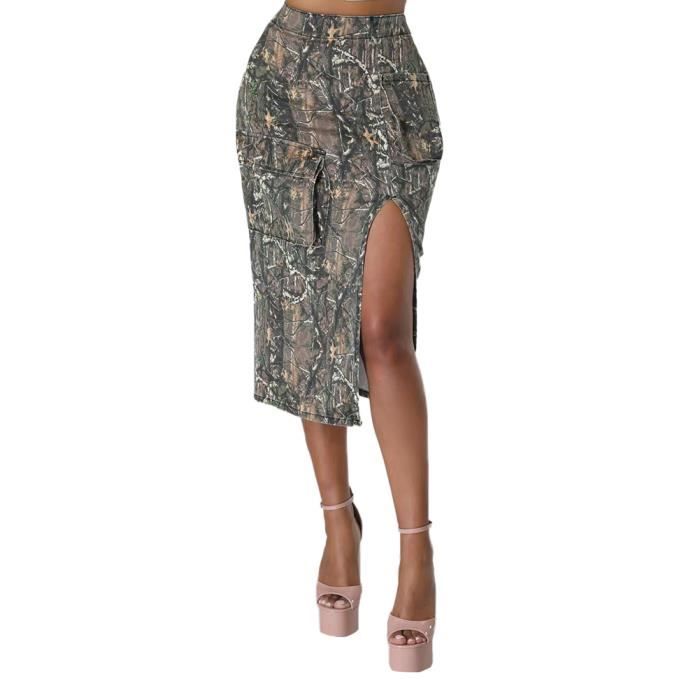 Femme Jupe Mi-Longue Camouflage Jupe Longue Cargo Fendue sur le Côté à Taille Haute Vintage ...