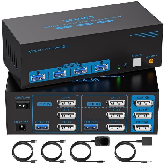 8K60Hz Kvm Switch 2 Pc 3 Monitor Displayport 4K120Hz Usb 3.0 ...