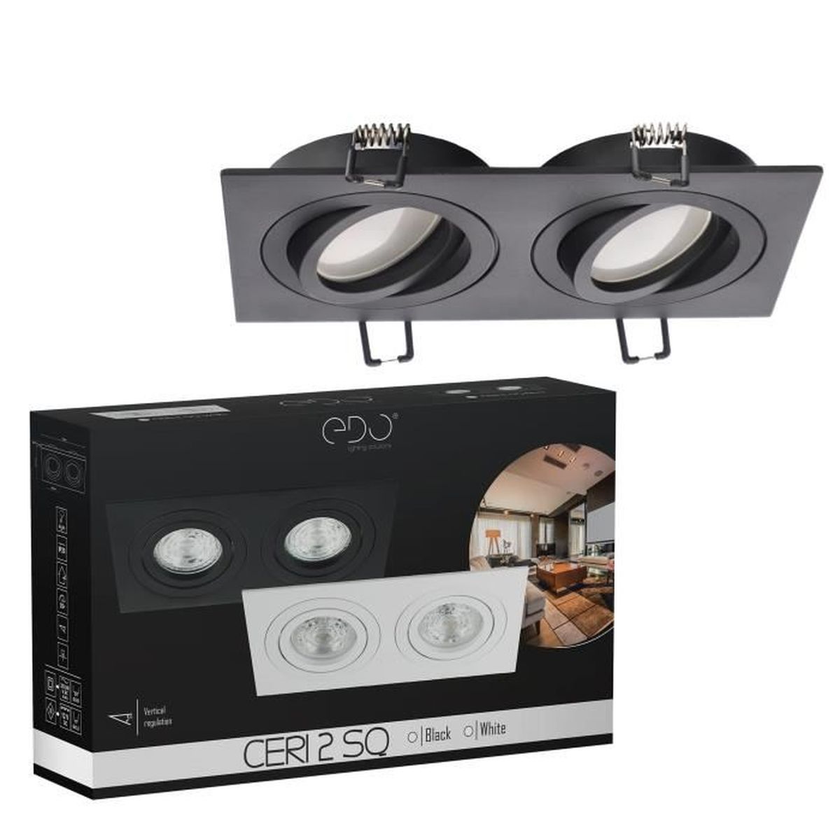 Spot de plafond double encastré réglable CERI 2 SQ Black IP20 noir EDO ...