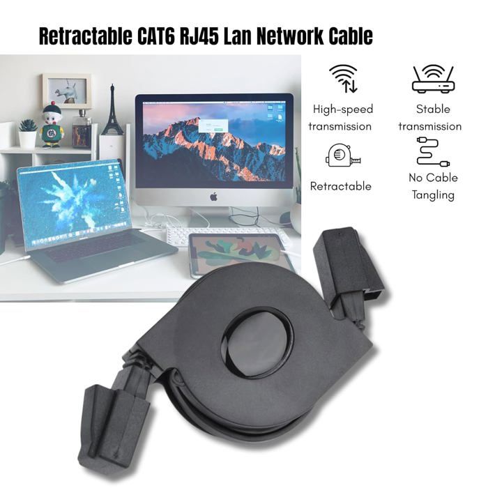 Cable Ethernet Retractable CAT6 RJ45 2m - Cable LAN Plat Haute Vitesse ...