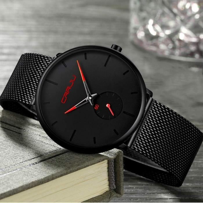 Montre noire ultra fine pour homme avec bracelet en maille d'acier ...