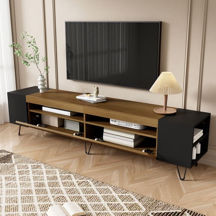 Meuble TV Support Moderne en Bois et Noir, 180 cm avec 2 Portes et ...