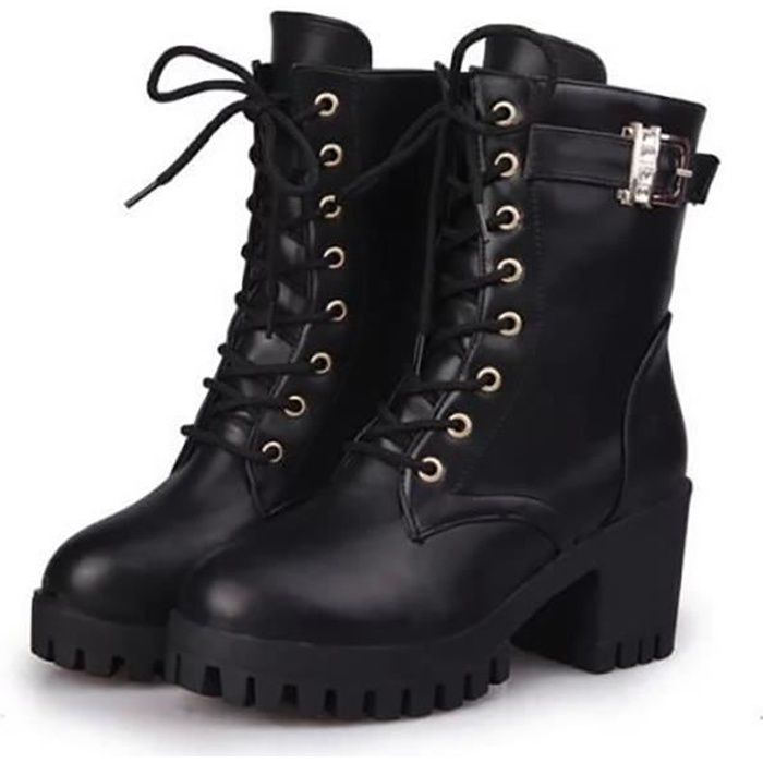 Bottines à talon haut pour femmes FUNMOON en cuir noir avec plateforme ...