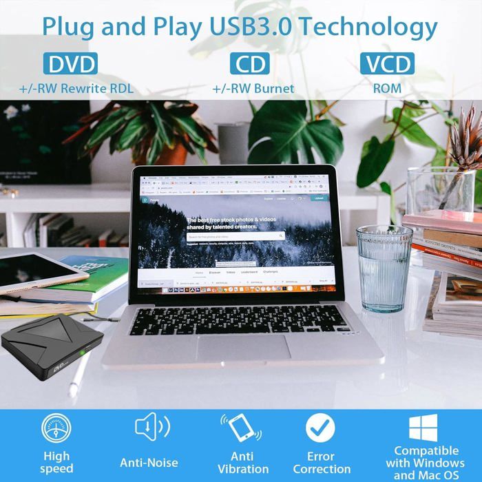 Lecteur DVD CD Externe, USB 3.0 & Type-C Portable CD DVD +/- RW Graveur ...