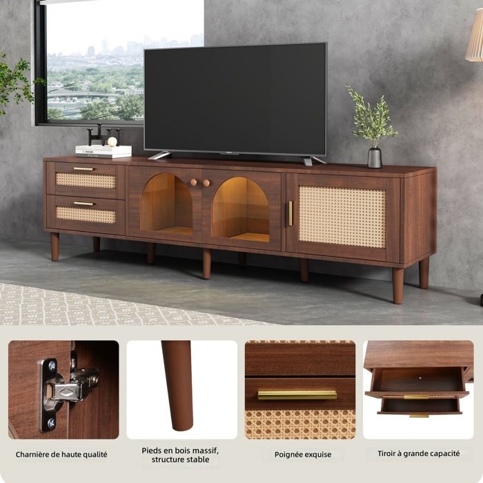 Meuble TV 180 cm marron pour téléviseur 80 pouces, 2 tiroirs en rotin ...