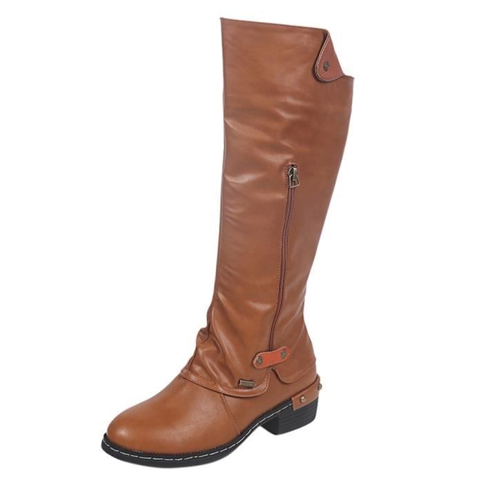 Bottes hautes femmes en cuir marron à talon carré et fermeture éclair ...