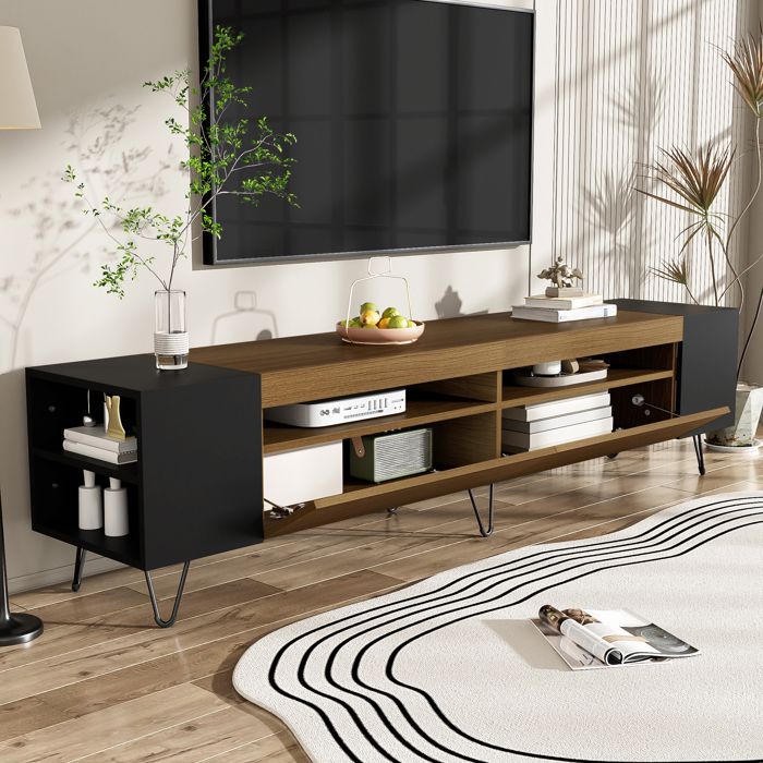 Meuble TV Support Moderne en Bois et Noir, 180 cm avec 2 Portes et ...