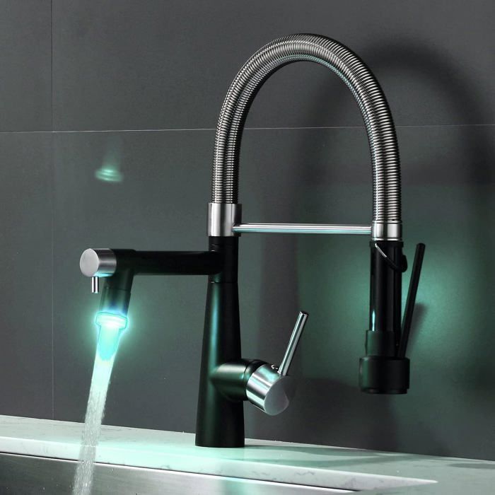 TIMACO Robinet de cuisine à LED, nickel brossé et noir, douchette ...