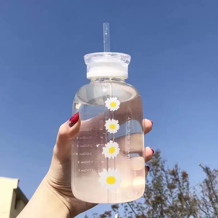 Gourde,Bouteille d'eau en verre givré avec paille, 2 couvercles, Kawaii, avec échelle, tasse ...
