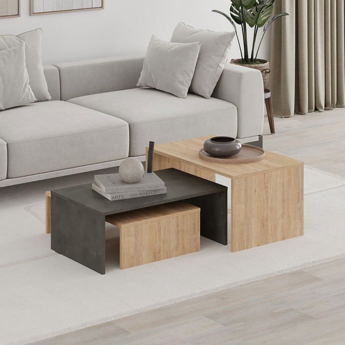 CALICOSY - Set de 3 tables basses Trio - L80 cm - Marron - Cdiscount Maison