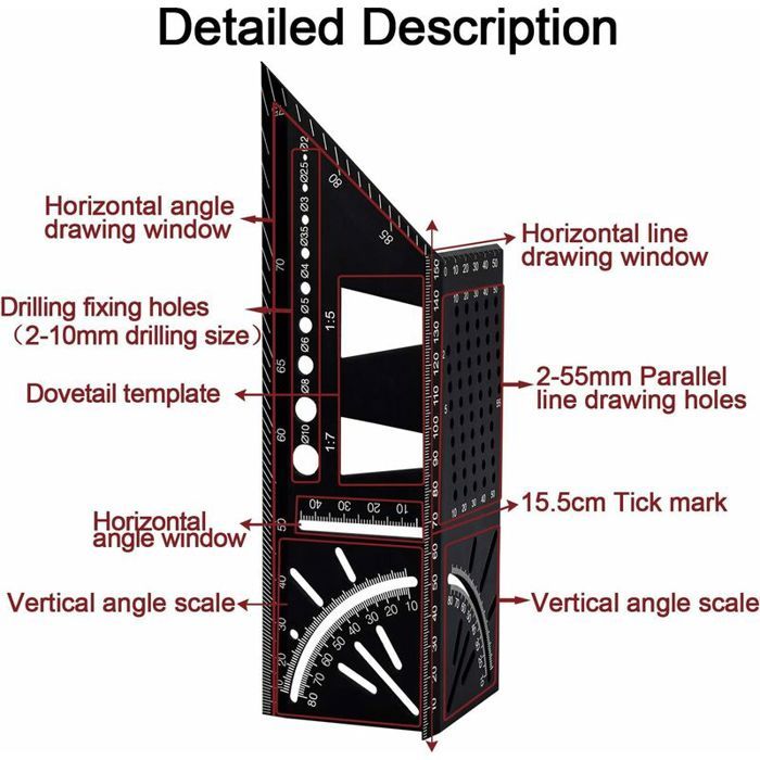 Équerre de menuisier multifonction 180 mm en aluminium, règle avec ...