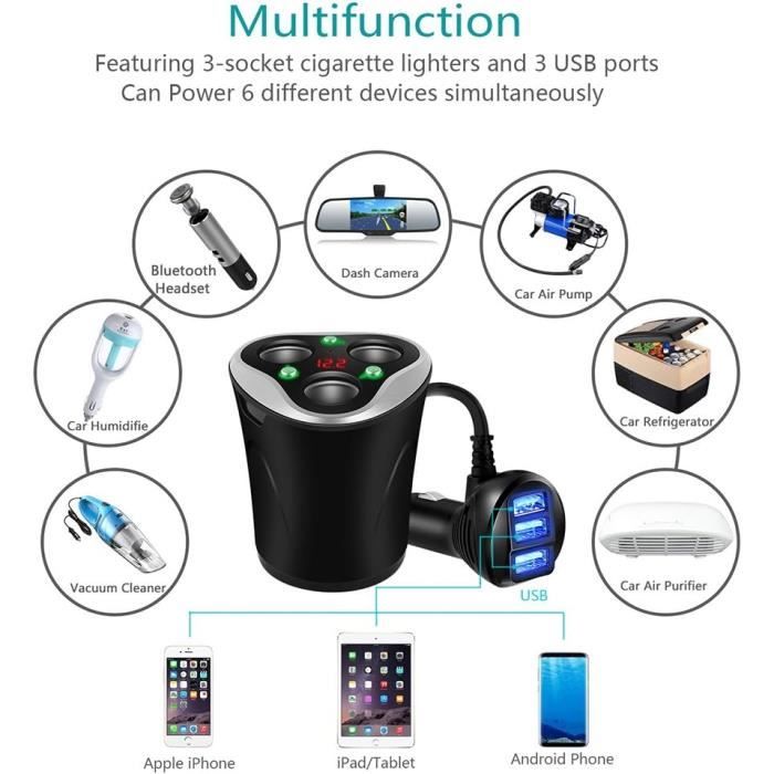 3 Prises Allume Cigare Adaptateur + 3 Ports Usb Chargeur De Voiture, 120W 12-24V Avec Affichage ...