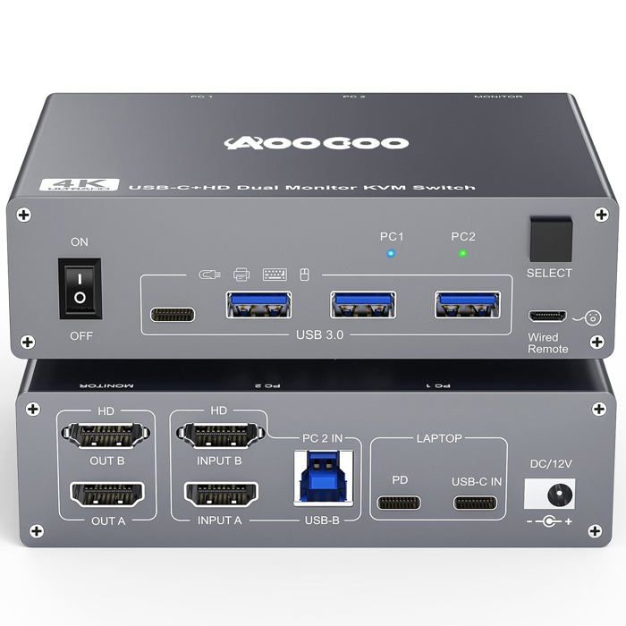 Commutateur Kvm Usb C 4K À 60 Hz,Commutateur Kvm Double Écran Pour 1 Pc ...