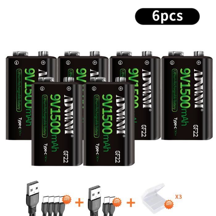 6 pièces 9v--Batterie Li ion 9V, 1500mAh, Rechargeable, Type C, USB ...