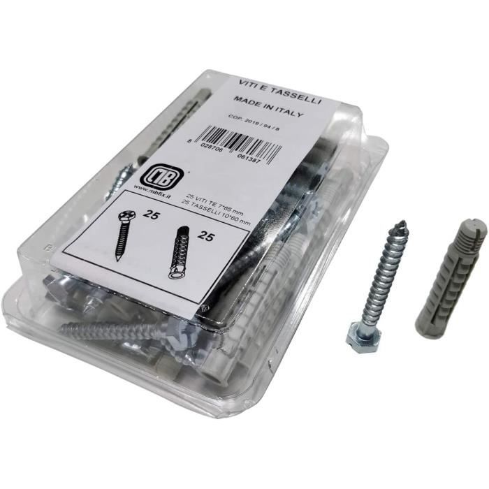 Set avec 25 vis et chevilles - Vis 7x65mm, pour mur plein, brique ...