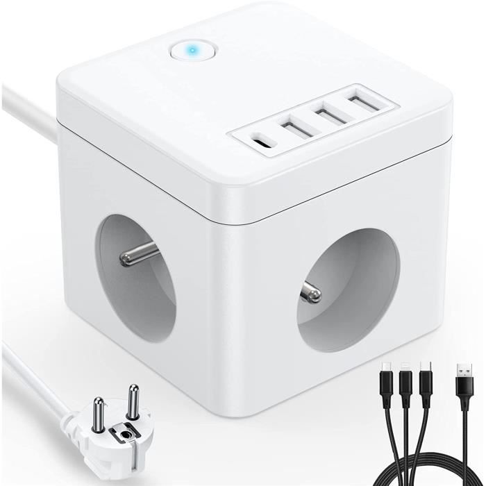 MULTIPRISE Multiprise Cube USB, Bloc Multiprise 3 Prises et 3 Ports USB 5V-2.4A 1 USB C Chargeur ...