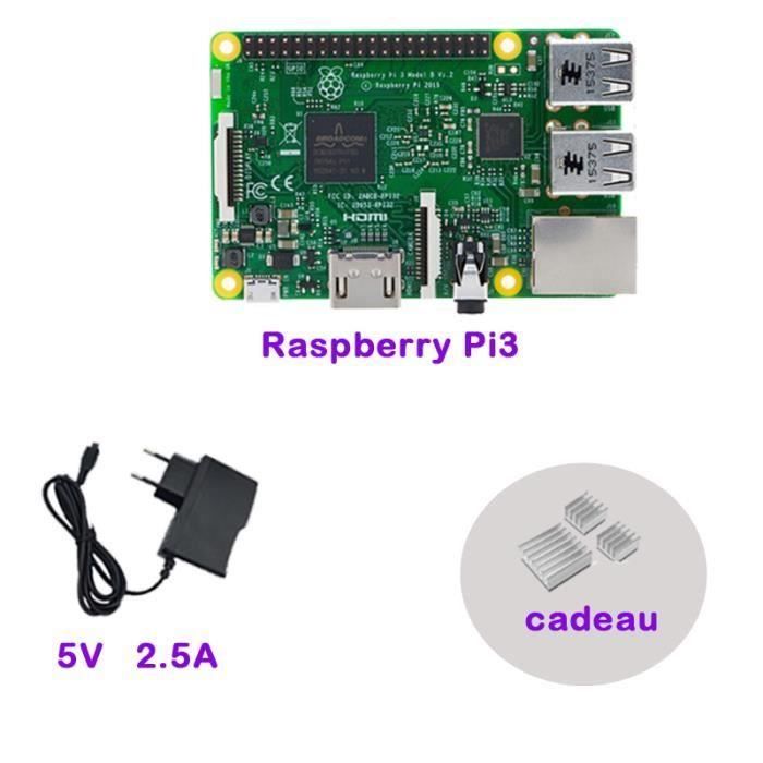 Raspberry Pi 3 Model B 1GB RAM 1.2GHz 64-bit quad-core, WLAN, BT +5v/2.5 Adaptateur+Dissipateur ...
