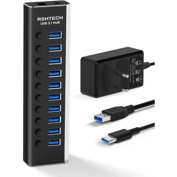 HUB USB 3.0 à 10 Ports Aluminium,Hub USB 3.1 Alimenté Transfert 10Gbps ...