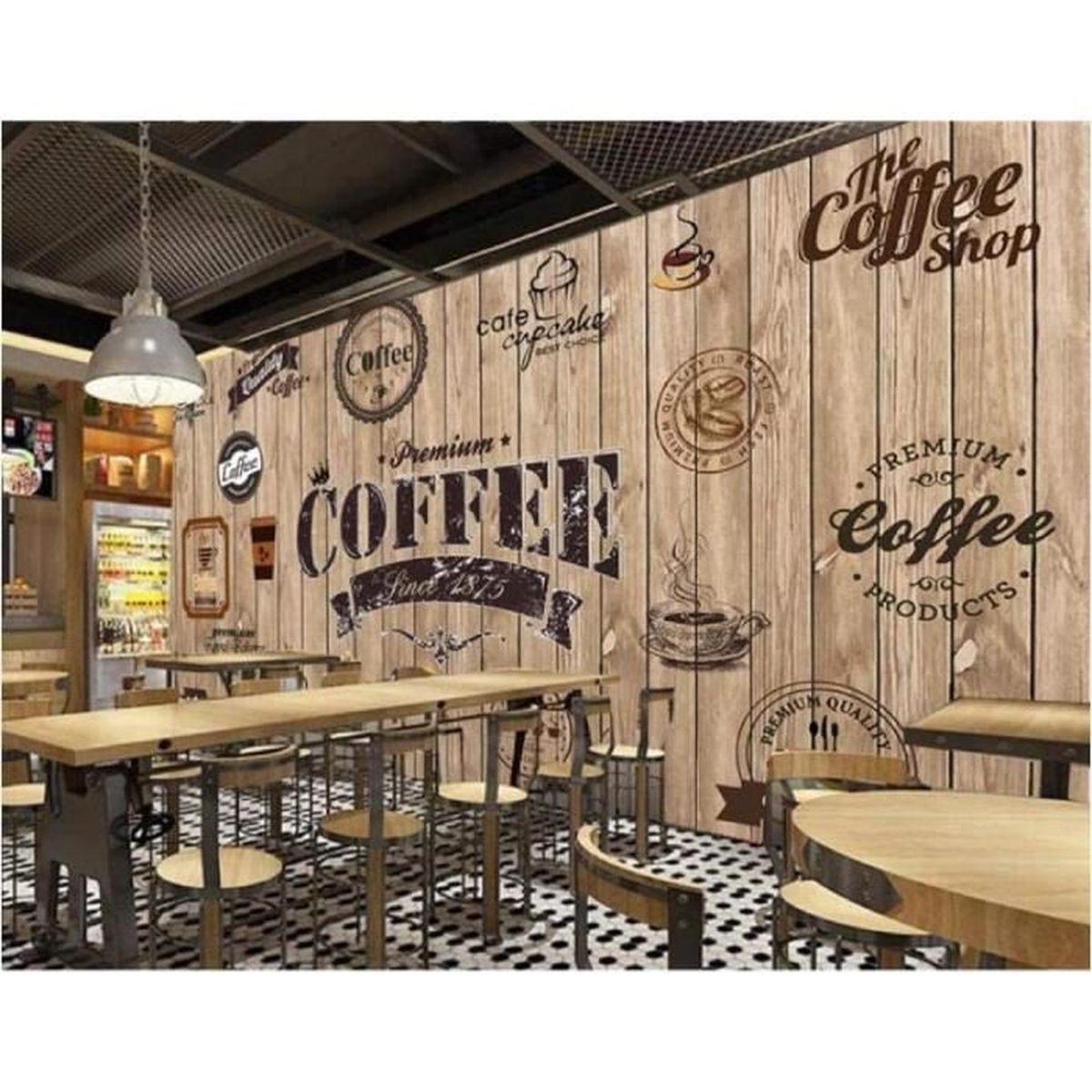 Papier peint rétro planche de bois pour café maison café décor ...