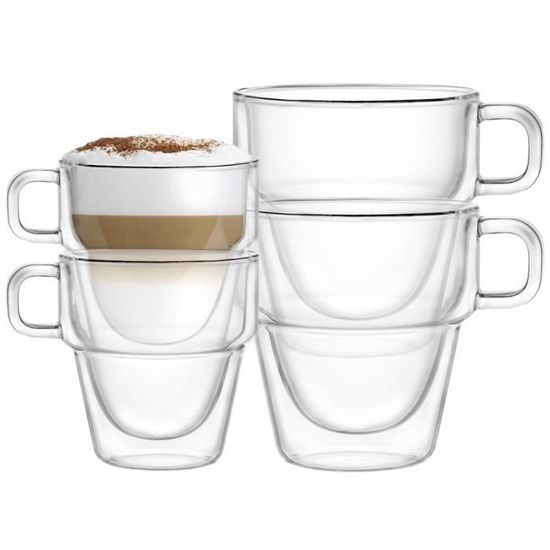 Tasses à Café empilables, Tasse Double Paroi Verre, Set de 4 tasses à Expresso, pour latte, thé ...
