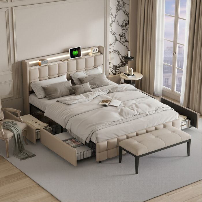 Lit capitonné double 160 x 200 cm Lit adulte - Structure du lit avec 4 ...