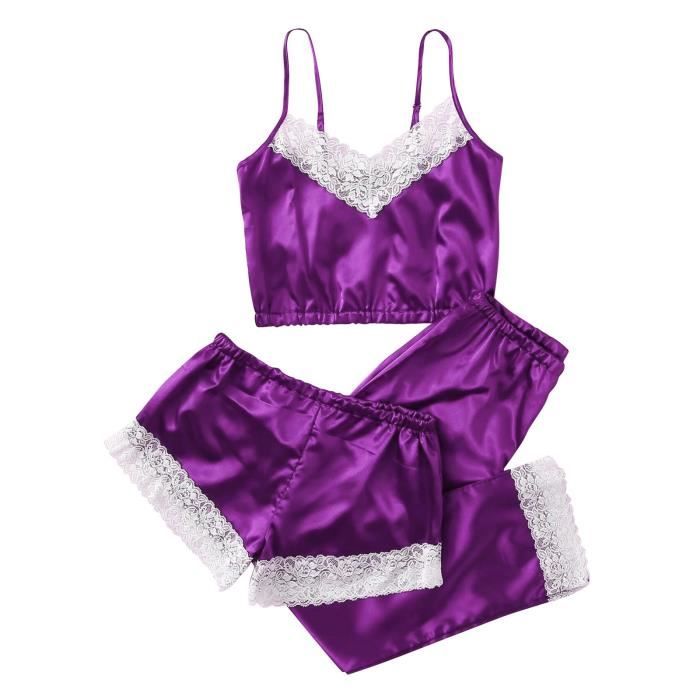Femmes V-Neck Eyelash Lace Sexy Stain Camisole Pyjamas Bowknot Shorts ...
