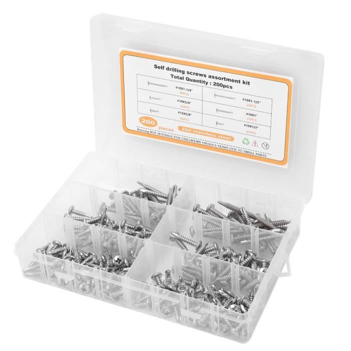 Zerone Vis à tête ronde 200 pièces vis cruciformes à tête ronde 304 Kit d'assortiment de vis ...