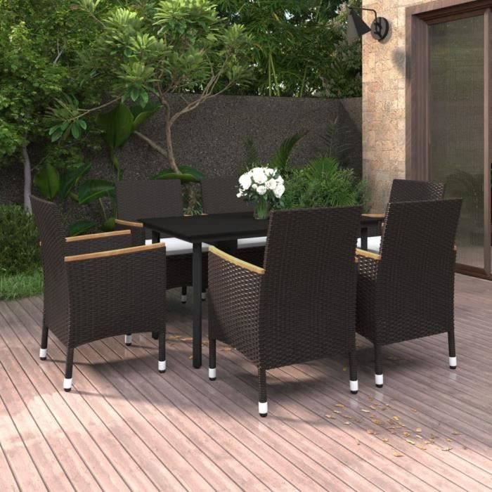 SIB Ensemble à dîner de jardin coussins 7 pcs Résine tressée Verre ...