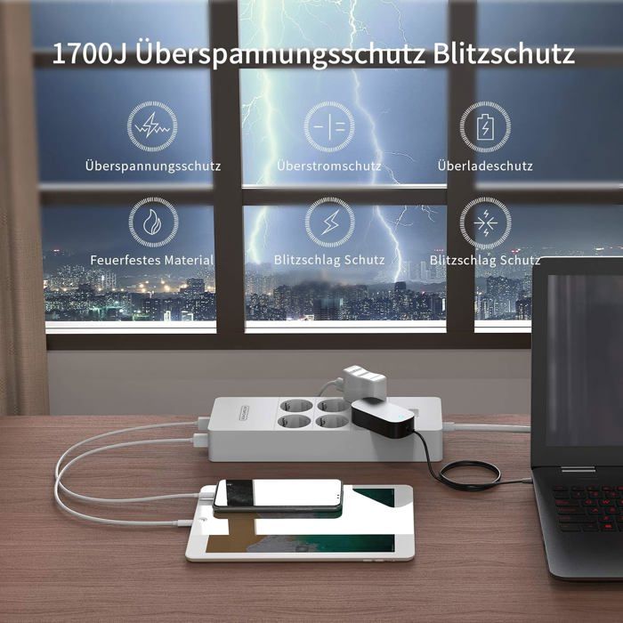 Multiprise Usb,Parasurtenseur Parafoudre(Protection 1700 Joules),Bloc ...