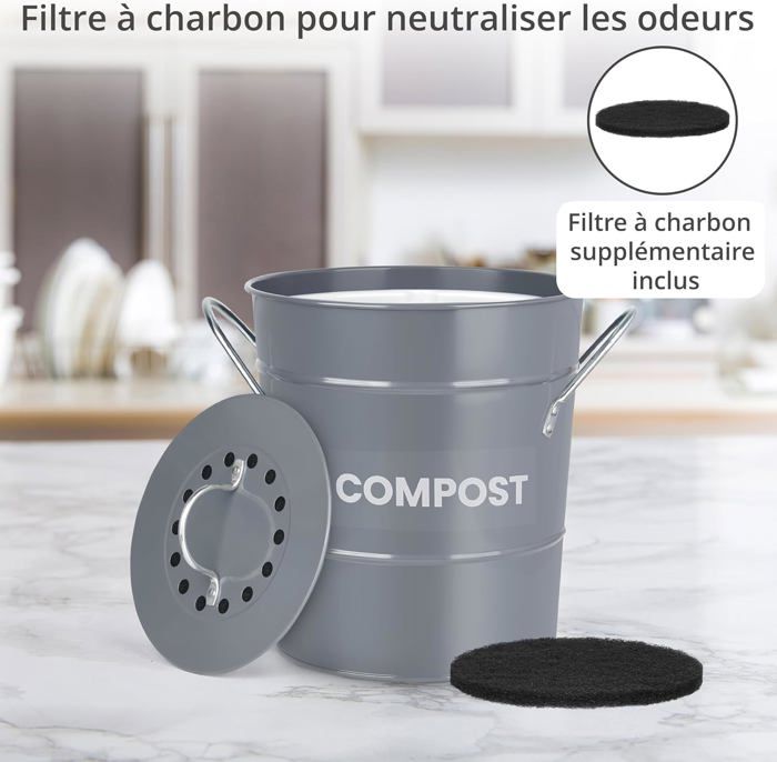 Composteur Cuisine Gris 4 L - Seau Compost Cuisine Anti-Odeurs Avec ...