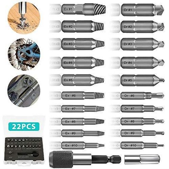 22PCS Extracteur de vis casse,Ensemble extracteurs de vis endommagés,Kit extraction de boulon ...