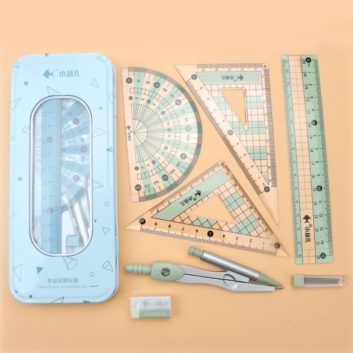 Regle - equerre,Règle de boîte en métal,7 pièces,boussole,gomme ...