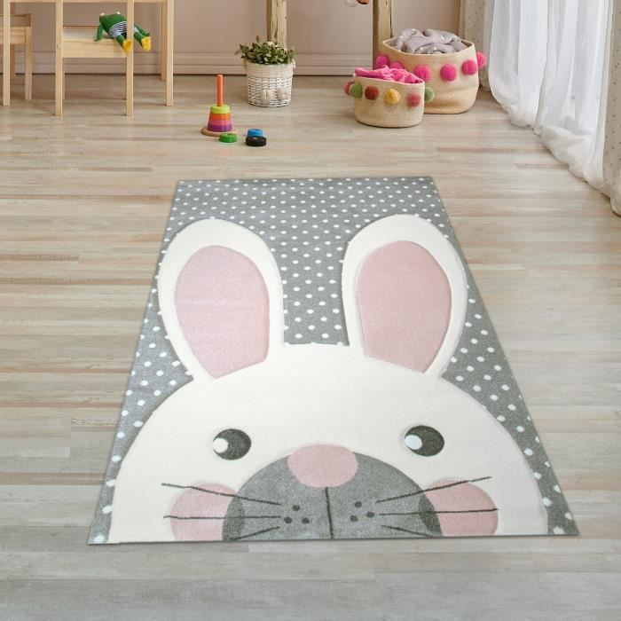 Tapis de jeu pour enfants TEPPICH-TRAUM lièvre rose blanc gris - 80 x ...