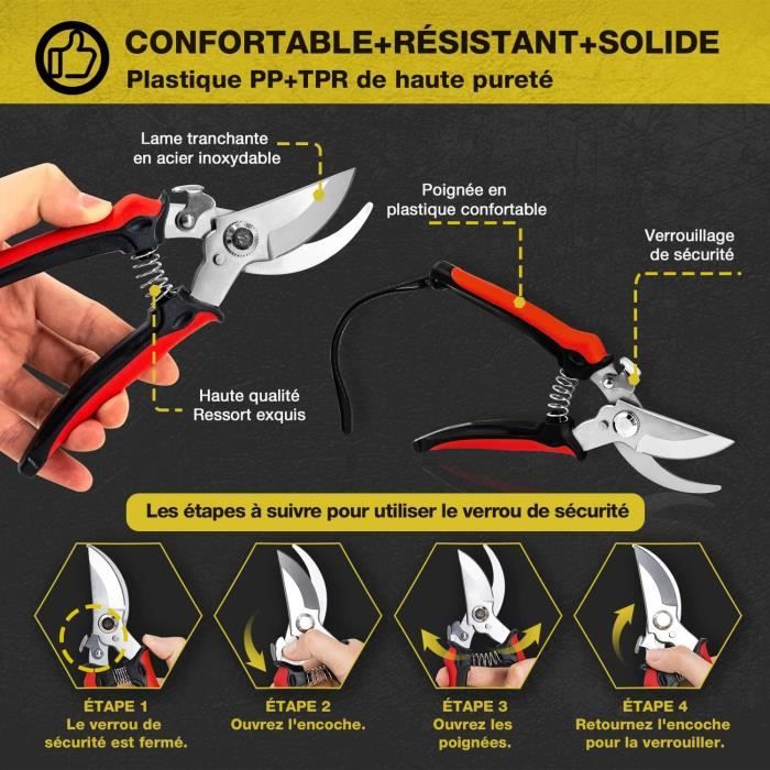 KOTTO Pack 4 sécateurs de jardin inox avec sac et gants – coupe jusqu'à ...