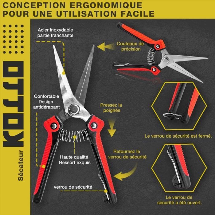 KOTTO Pack 4 sécateurs de jardin inox avec sac et gants – coupe jusqu'à ...