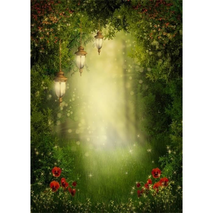 Toile de Fond Conte de Fées Forêt avec des lanternes Vert Medow Fleurs ...