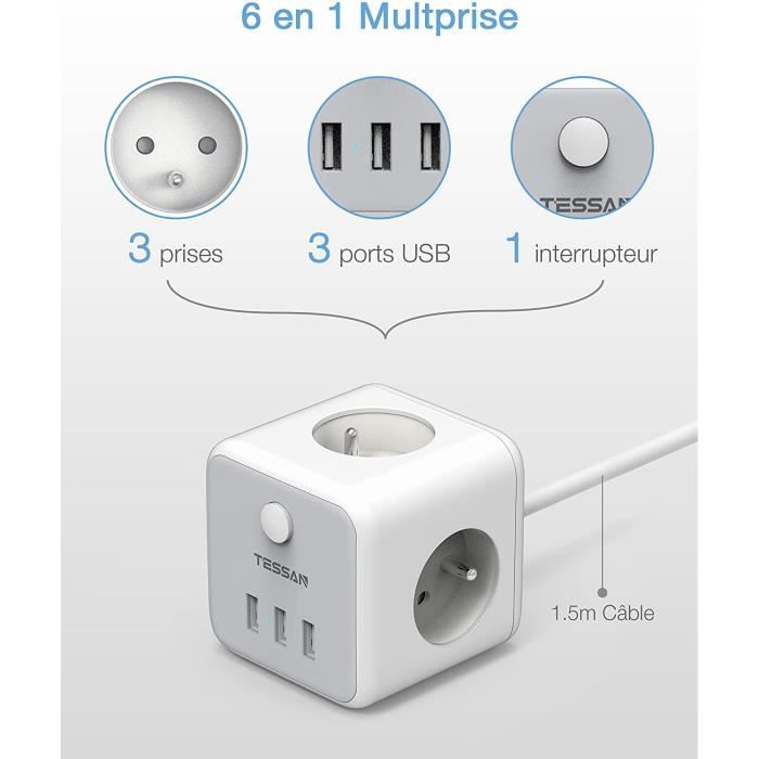 Cube Multiprise USB Secteur, Prise USB Multiple avec 3 Prises et 3 Ports USB, 1,5 m, Gris [11 ...