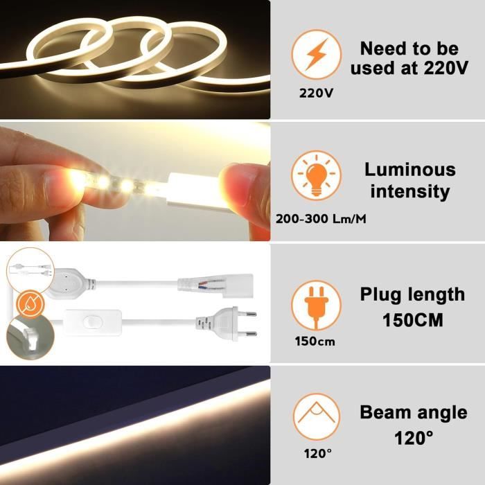 BAGZY Ruban LED Néon 2M, Exterieur Blanc Lère de Bande 220V Lneuse 120 ...