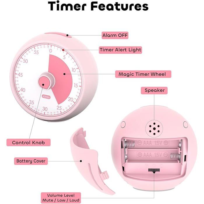 60-Min Pink Children Visual Timer, Quiet Countdown Alert Device for ...