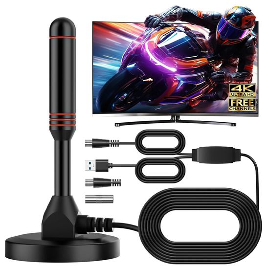 Antenne TV Intérieur Puissante TNT HD - Base Magnétique et Câble 5m - Longue Réception Distance ...