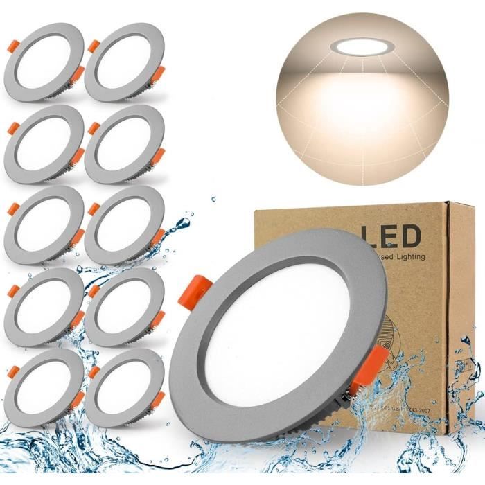 10 Pack Spot Led Encastrable Extra Plat Salle De Bain Gris Ip44 Led 5w