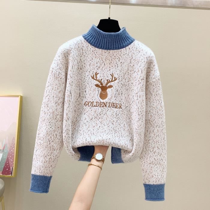 Femmes pulls décontractés pull hiver col montant pull tricoté à manches ...