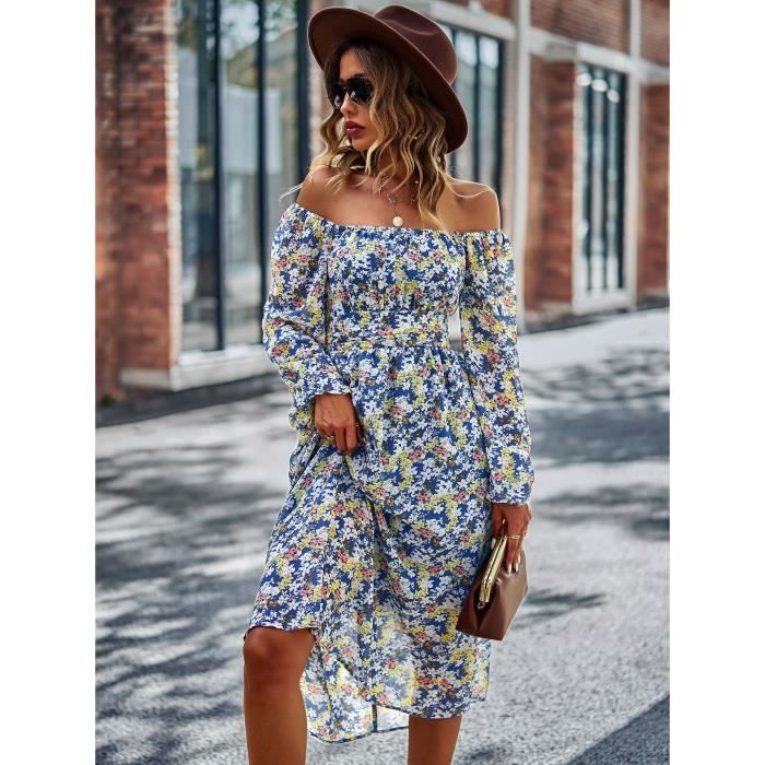 Robe femme INS chic Mode elegant Bohème Mousseline - Bleu CHUANGNA Bleu ...