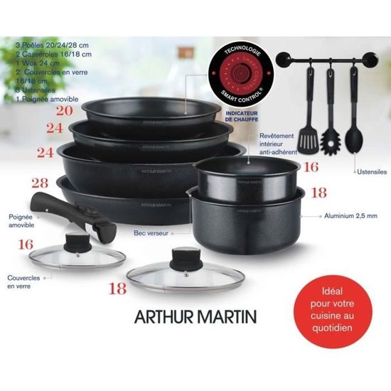 Arthur Martin AM268B Batterie de cuisine 12 pièces - poignée amovible ...