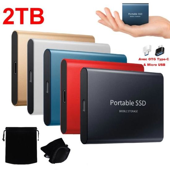 Disque Dur SSD Externe Portable 2TB 2To OTG Type-C USB Mini Taille Or avec Pochette Sac de ...